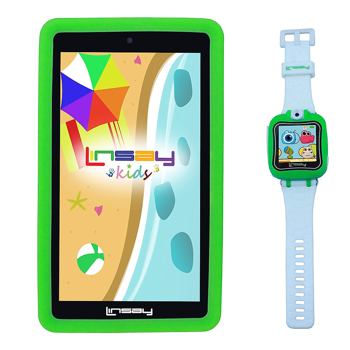 LINSAY® 7" Kids Funny Tablet Green with 1.5" Kids Smartwatch 90 Degree Selfie Camera Green