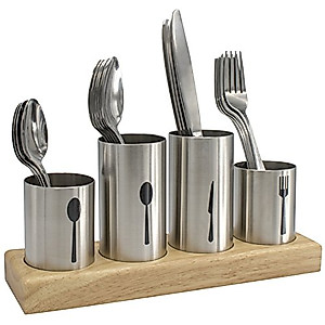 Sorbus Silverware Holder with Caddy for Spoons, Knives Forks, etc — Ideal for Kitchen, Dining, Entertaining, Buffet, Picnic, and More — Stainless Steel with Bamboo Wood Base