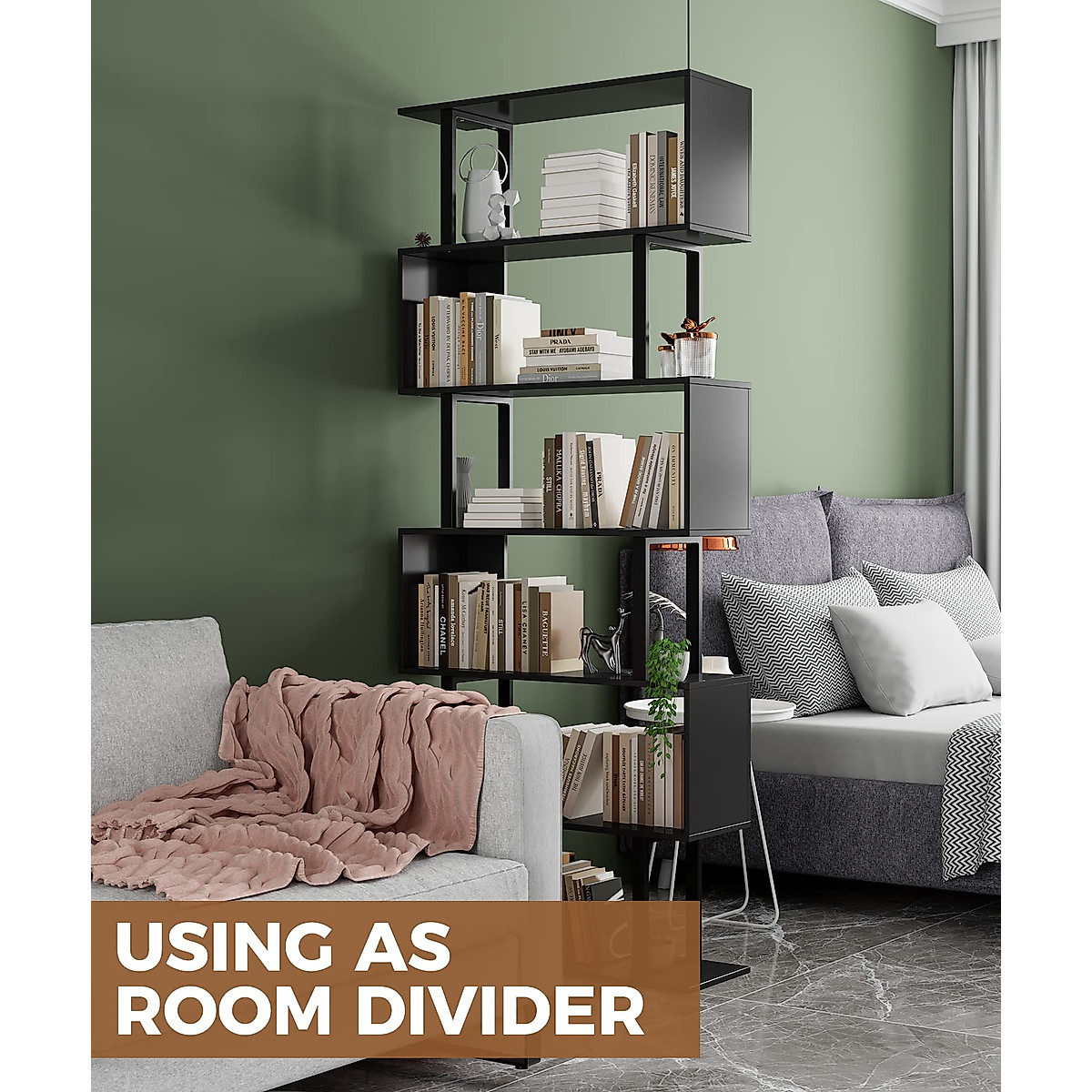 Gadroad 6 Tier Geometric Bookcase, Black Book Shelves, Modern Corner Bookcase Storage Shelf Wood for Bedroom, Living Room, Home Office, Black