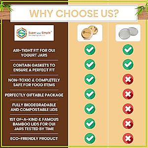 4 Oui Yogurt Jar Lids With Beautiful Olive Branches Pattern. Made of Bamboo Wood with Food Grade Silicone Sealing Ring. Durable, Food-Safe, Airtight Fit. Oui Yogurt Jar Lids for Regular or Petite Jars