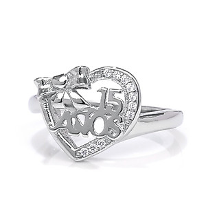 Jewelry by Debbie 925 Sterling Silver Sweet Ribbon and Heart Sweet 15 Anos Quinceanera Cz Ring Rhodium Plated (7)