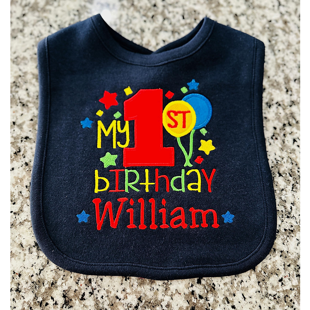 Fantasy Kids Designs First Birthday Boy Bib Personalized with Baby Name (Navy Blue Bib/Red)