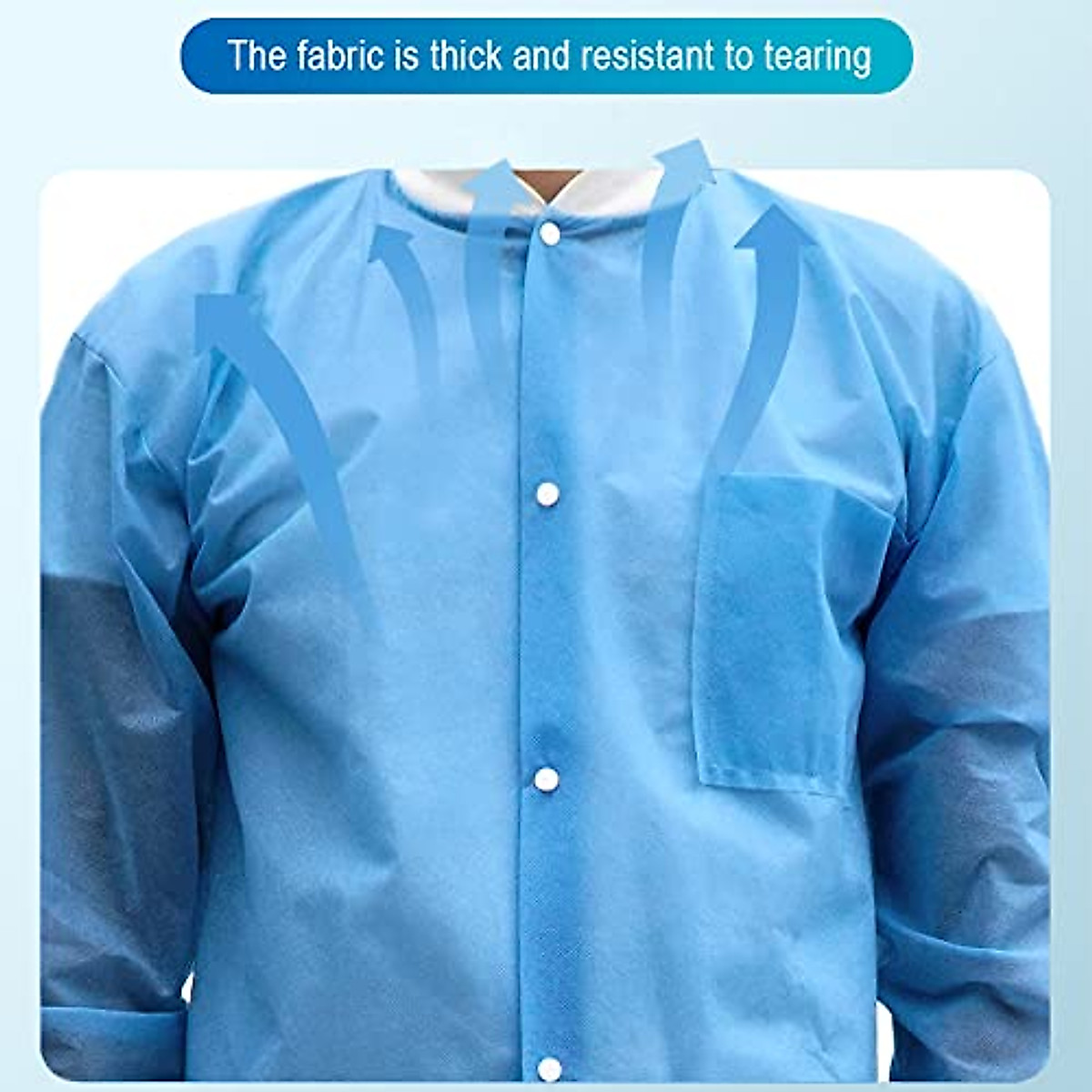 Greenour Pack of 10 Disposable Lab Coat, 3 Pockets, Thicker Short Blue SMS Smock with Knitted Cuffs and Collar(Medium)