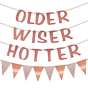 Older Wiser Hotter Banner, Funny Birthday Party Decorations for Adults, Rose Gold Glitter Party Supplies for Women, 30th 40th 50th 60th 70th 80th Bday Triangle Flags Sign Decor