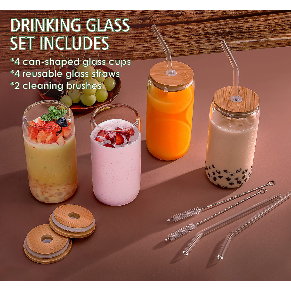 4pcs Set Drinking Glasses With Bamboo Lid And Glass Straw - 16oz Can Shaped Drinking Glass Set, Iced Coffee Mug, Cute Tumbler Cup, Whiskey, Water- Gift Best Choice - 2 Cleaning Brushes (2)