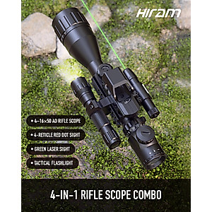 HIRAM 4-16x50 AO Rifle Scope Combo with Green Laser, Reflex Sight, and 5 Brightness Modes Flashlight