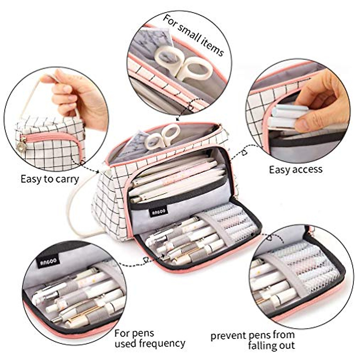 Pencil Case Big Capacity Multi-Slot Pen Bag Pouch Holder Pen Bag Gift for Office School Supplier Teen Girl Boy Men Women Adult (Plaid White)