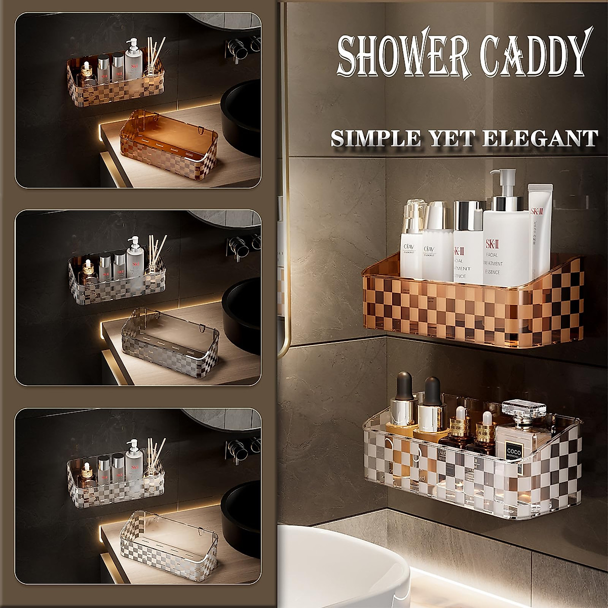 Lae Nuvole 2 Pack Suction Cup Shower Caddy Wall Mount Bathroom Organizers and Storage, Plastic Shower Caddy Adhesive Shower Organizer for Wall, Clear (Transparent)