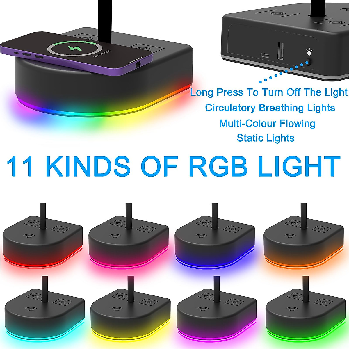 RGB Headphone Stand with Wireless Charger Desk Gaming Headset Holder Hanger Rack with 15W/10W/7.5W QI Charging and USB Port Suitable for Gamer Desktop Table Game Earphone Accessories