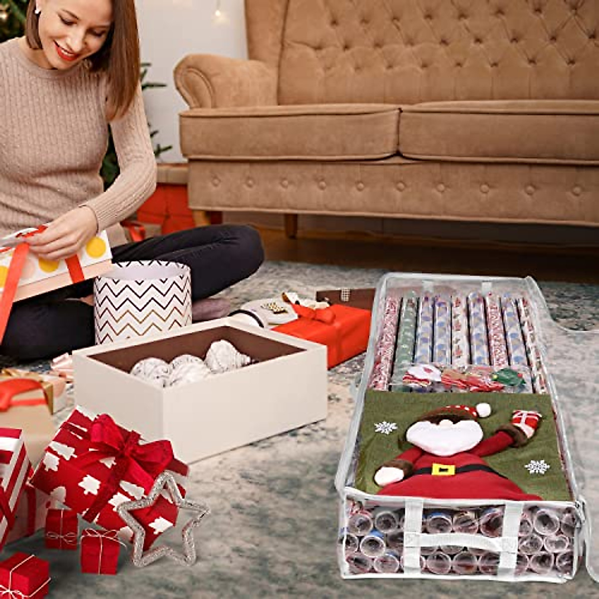 ProPik Wrapping Paper Storage Containers | Gift Wrap Organizer Under Bed | 41”x14”x6” Fits 18-24 Rolls Fit Up to 40” Long Roll | Wrap Storage Box Holder for Ribbon, Bows and Accessories 2 Pack (White)