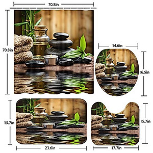 ArtSocket 4 Pcs Shower Curtain Set Stones spa Oil Wood Massage Relax Candle ayurvedic Water Bamboo Green with Non-Slip Rugs Toilet Lid Cover and Bath Mat Bathroom Decor Set 72" x 72"
