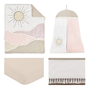 Sweet Jojo Designs Boho Desert Sun Baby Girl Nursery Crib Bedding Set - 4 Pieces - Blush Pink Mauve Gold Ivory Taupe Bohemian Mountains Southwest Nature Outdoors Tassel Minimalist Cotton Geometric