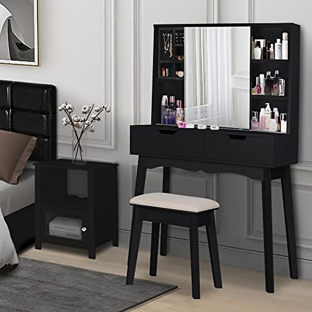 LYNSLIM Vanity Desk, Makeup Vanity with Mirror & LED Lights，Makeup Vanity Table with 2 Drawers & 4 Storage，Small Vanity Set Storage Stool for Dressing Bedroom (Black, Big)