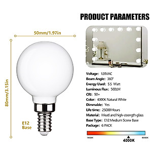 RuiAoTD G16.5(G50) Globe Light Bulbs, 5.5W Equal 60W Light Bulb, Neutral White 4000K, Chandelier Light Bulbs Candelabra E12 Base for Ceiling Fan Lights, 500LM, Dimmable, Milky Glass, 6 Pack