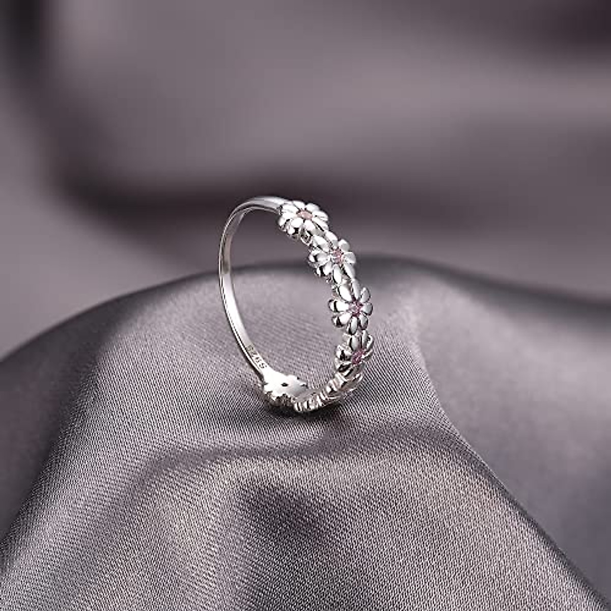 MILACOLATO 925 Sterling Silver Ring 18K Gold Plated Daisy Flower Ring with Pink Cubic Zirconia High Polished Comfort Fit Sunflower Stacking Statement Wedding Band Ring for Women Valentine's Jewelry Gifts, Size 7