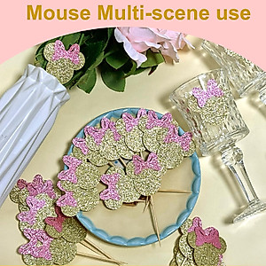 Wolpark 25Pcs Mouse Inspired Cupcake Toppers with Pink Bow Glitter Gold Mouse Cupcake Picks Happy Birthday Cake Topper with Star Mouse Birthday Decorations Party Supplies Wedding Baby Shower
