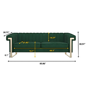 MGH Modern Velvet Sofa,Channel Tufted Velvet Sofa Couch with Stainless Steel Base and Comfortable Cushion,83.86“ Lx 30.71“ Wx 30.51“ H (Green)