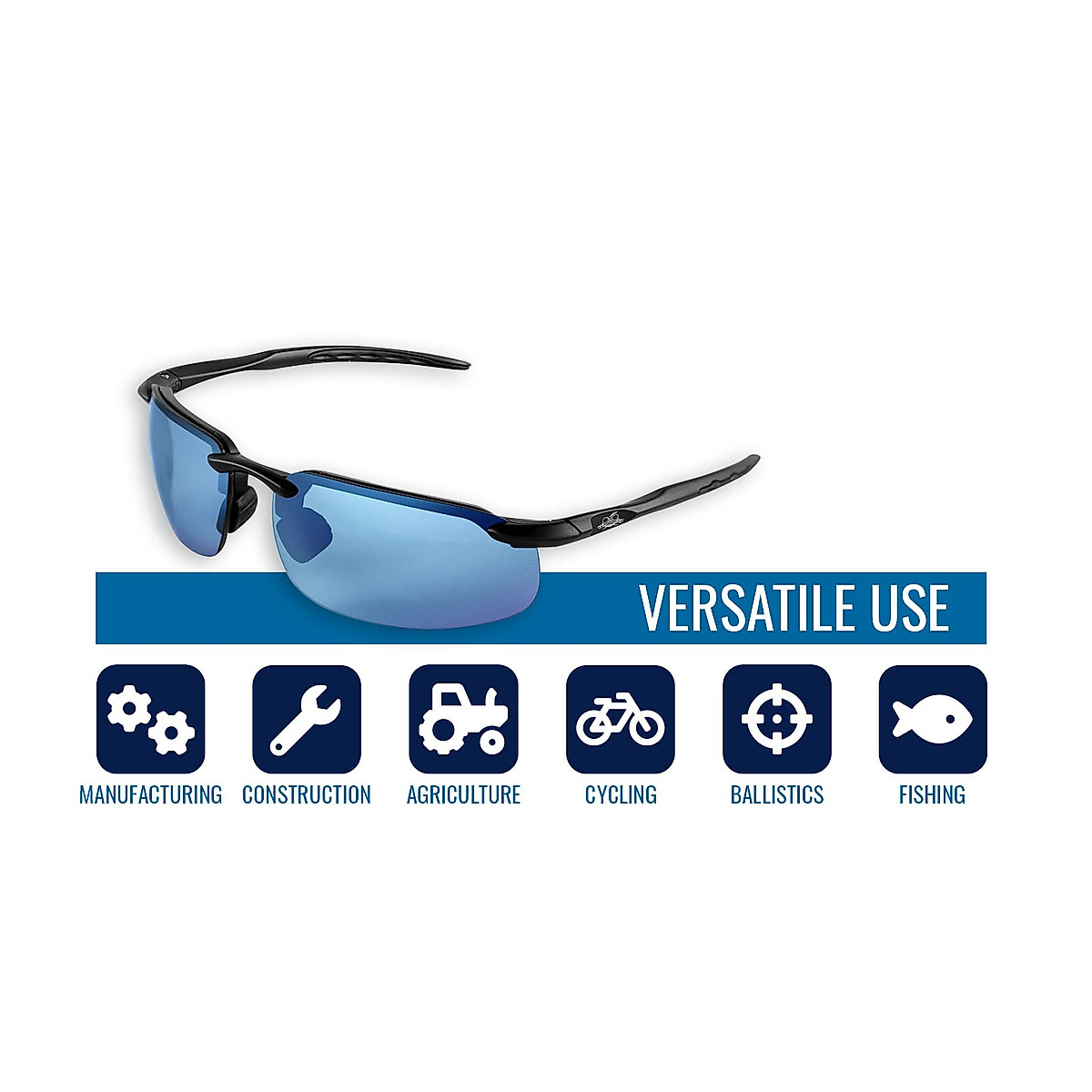 Bullhead Safety Swordfish Polarized Safety Glasses, ANSI Z87+, Blue Light Glasses with UV Light Protection and Anti-Scratch Coating, Ballistic Rated, Blue Mirror Lenses, Matte Black Frame
