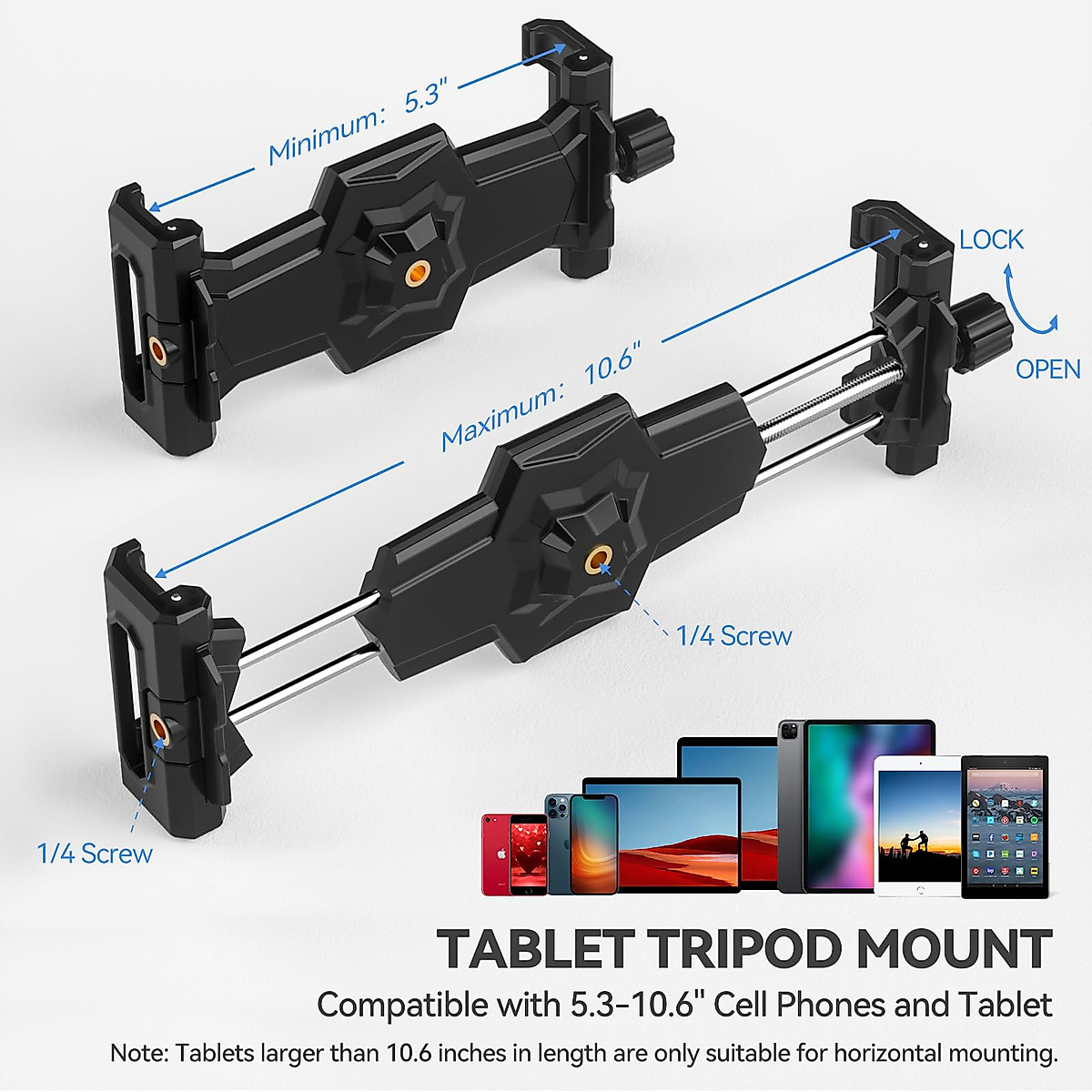 iPad and Phone Tripod Mount Adapter with Ball Head, iPad Holder for Tripod, 360 Rotatable Tablet Clamp Mount fits iPad Pro 12.9, iPad Air Mini 3 4, Galaxy Tab, Surface Pro, Selfie Stick(5.3-10.6")