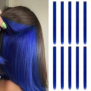 20 Inch Colored Hair Extensions Party Highlights Straight Colorful Clip In Hair Extensions Synthetic Rainbow Hairpieces for Girls Kids Gift(10Pcs Blue)