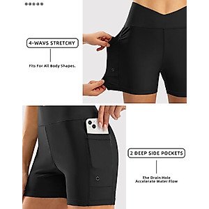 SANTINY Women's 4'' High Waisted Swim Board Shorts Quick Dry V Cut Tummy Control Bathing Suit Bottoms for Women with Pockets (Black_S)