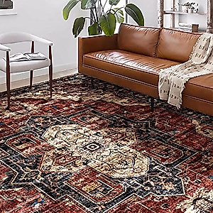 TNAVILL Vintage Area Rug 5x7,Machine Washable Boho Rug for Living Room Bedroom, Non Slip Soft Faux Wool Low Pile, Antique Aesthetic Persian Medallion Carpet for Dining Room, Red Brown