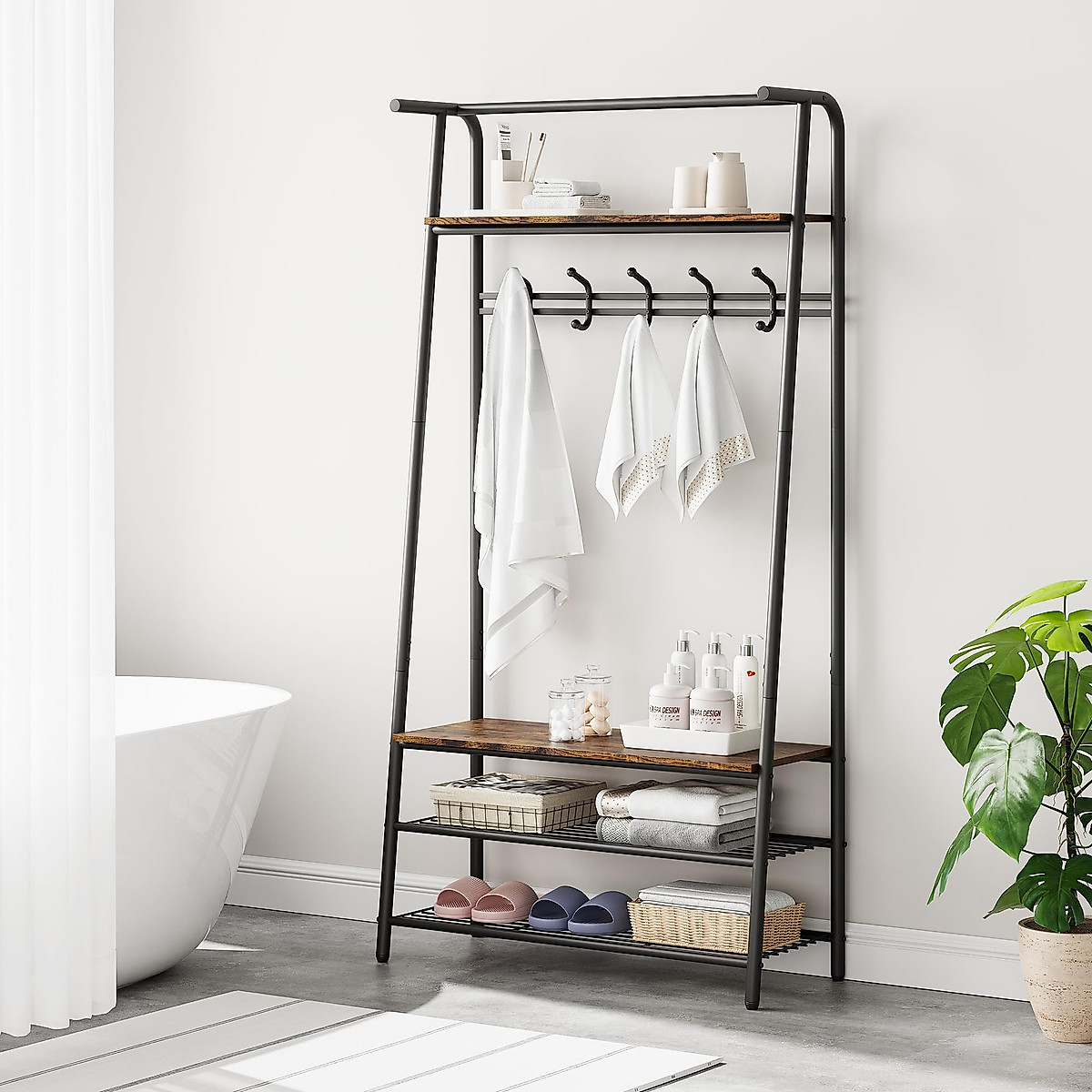 Coat Rack Shoe Bench with 5 Hooks, Entryway Hall Trees with Storage, Multifunctional Hallway Organizer, Wood Look Accent Furniture with Metal Frame, 4-in-1 Hall Trees Shoe Bench (5 Hooks-31.5 In)