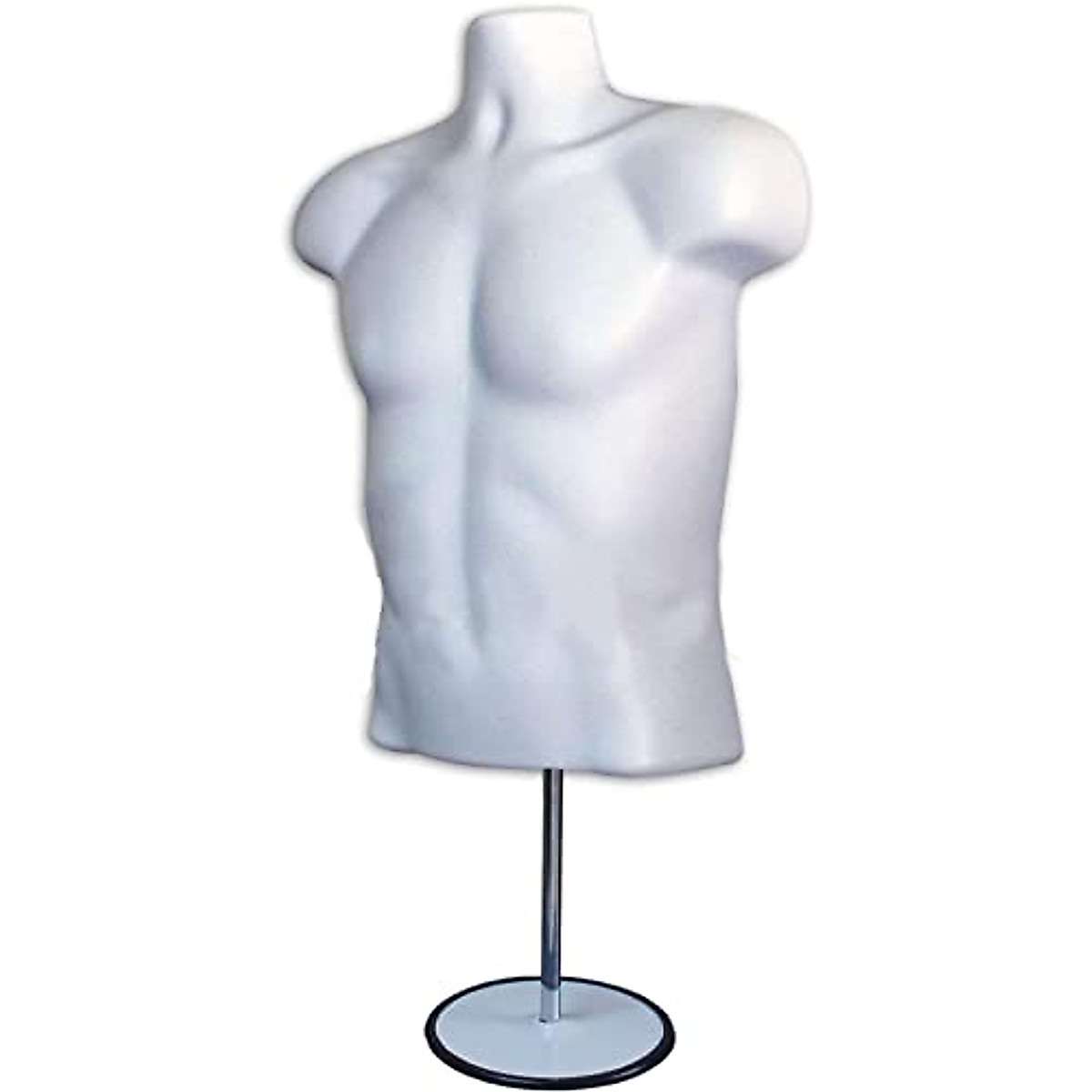 DisplayTown 1 Pack White Male Mannequin Torso with Metal Stand Dress Form Tshirt Display Countertop Hollow Back Body with Metal Pole & Hanging Hook S-M Clothing Sizes