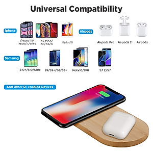 Veelink Bamboo Dual Wireless Charger, Double 10W Wireless Charging Pad Compatible iPhone SE 2020/11/Xs MAX/XR/XS/X/8/8, Samsung S20/S10/S9/S8/Note 20 (Adapter Included)