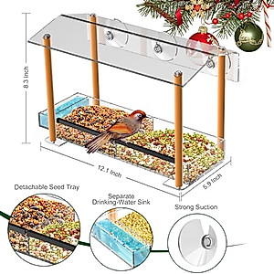 HHXRISE Bird Feeder, Window Bird Feeder for Outside with Strong Large Size Suction Cups, Clear Acrylic Bird House for Viewing with Detachable Seed Tray, Drinking-Water Sink, Rainproof Roof, Drain Hole