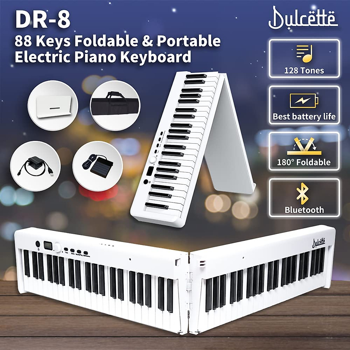 Dulcette *NEW* Foldable Electric Piano Keyboard | 88 Keys Portable Keyboard | Semi-Weighted Touch Sensitive Keys | MIDI & Dual Speakers Sustain Pedal | Digital Piano FREE Bag (White)