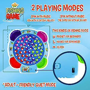 IPIDIPI TOYS Fishing Game for Kids, Magnetic Fishing Game for Toddlers - 45 Fish, 8 Poles Fishing Toy - Rotating Fish Board Game with Music, Educational, Fine Motor Skill Toys for Boys and Girls