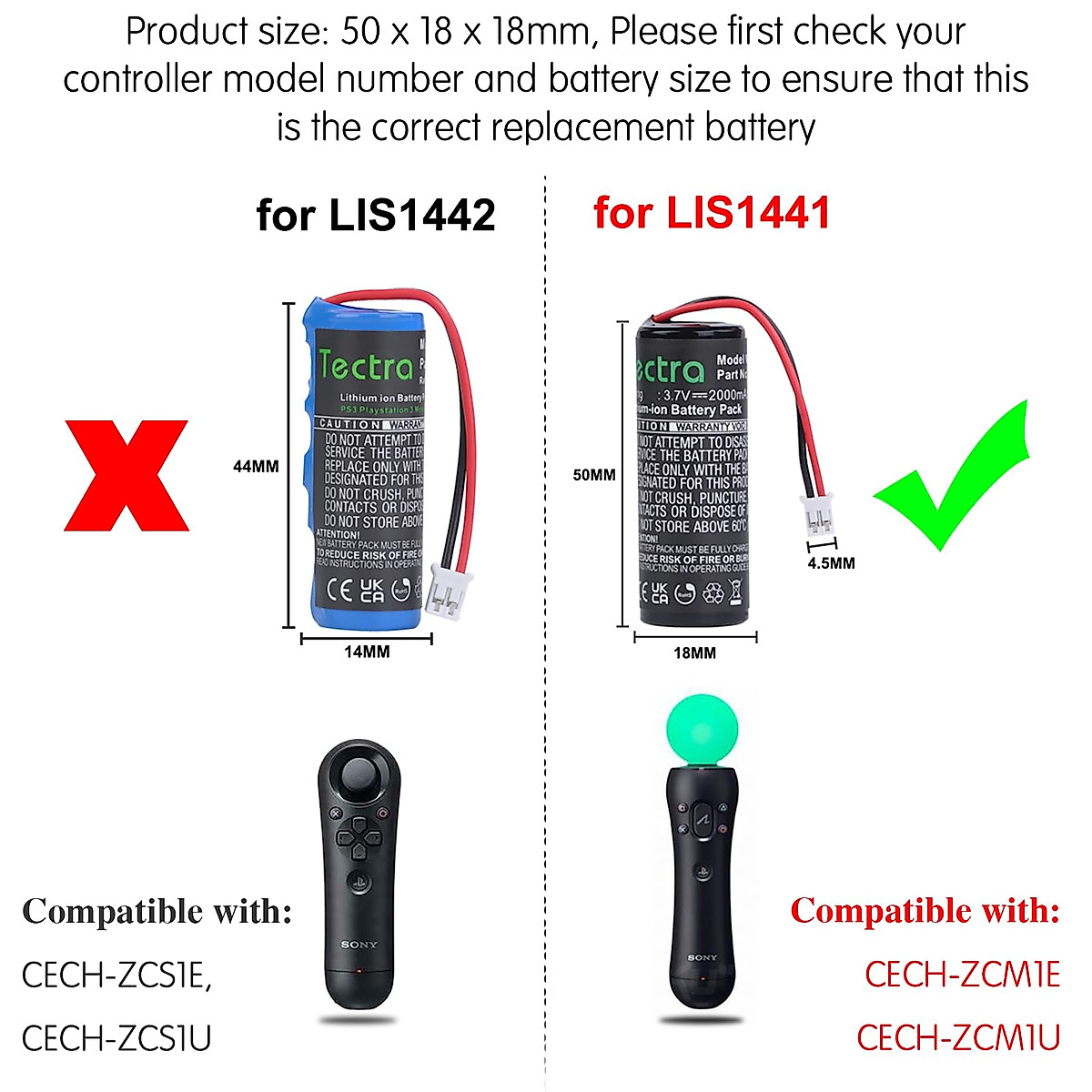 Tectra 2-Pack LIS1441, LIP1450 Battery Compatible with Sony PS3 PlayStation 3 Move Motion Controller CECH-ZCM1E, CECH-ZCM1U