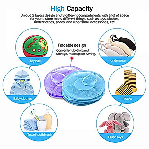 2 Pcs Hanging Mesh Storage Basket with 1 Stuffed Animals Toy Net Hammock, Hommtina Foldable Corner Organizer 3 Tier, Neatly Organize Kid’s Plush Toys and Save Space (Blue+Purple)