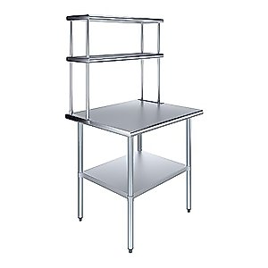 30" x 36" Stainless Steel Work Table with 12" Wide Double Tier Overshelf | Metal Kitchen Prep Table & Shelving Combo