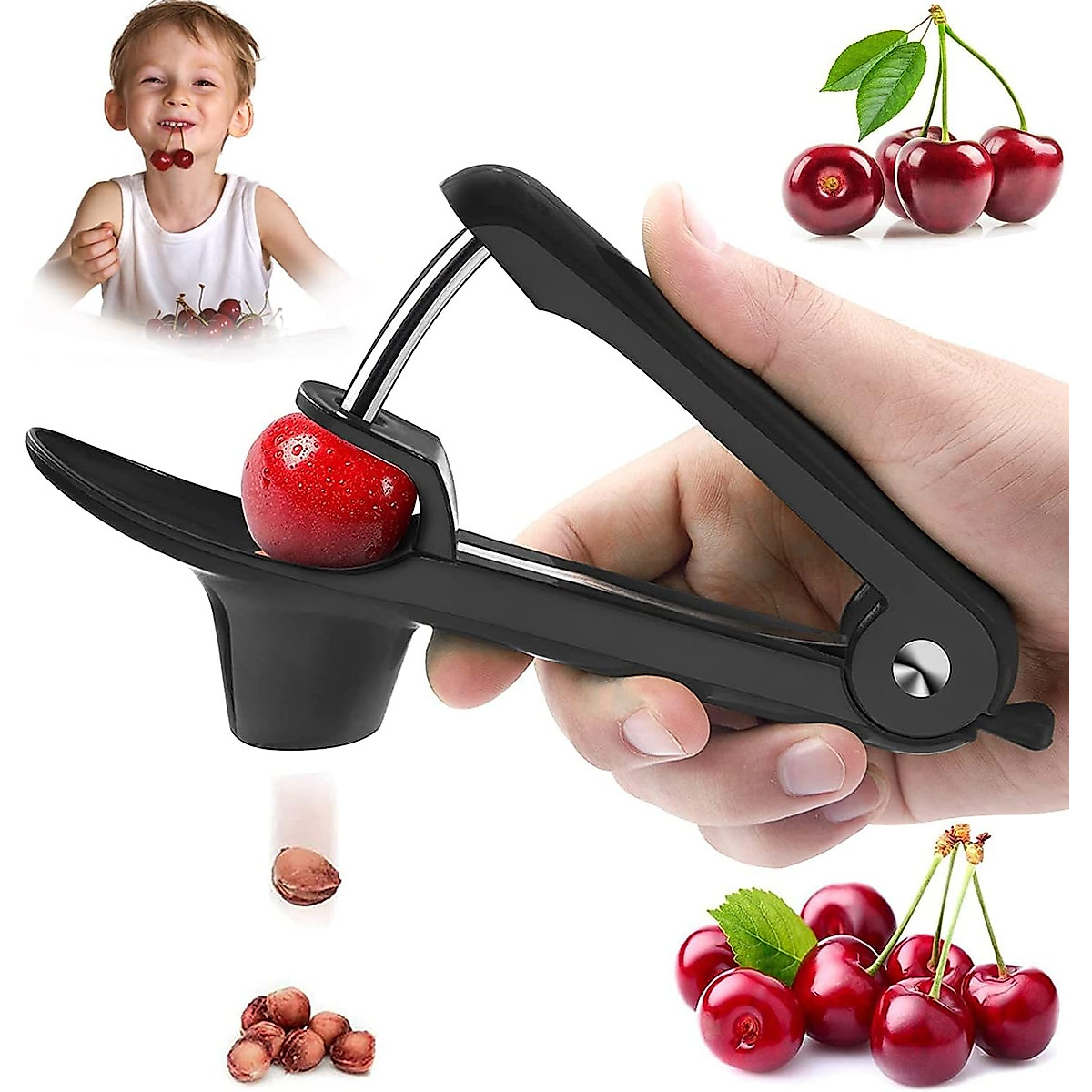 Cherry Pitter Tool, Olive Pitter Tool, Cherry Pitter Remover, Cherry Core Remover Tool with Space-Saving Lock Design, Pit Remover for Cherries (Black)