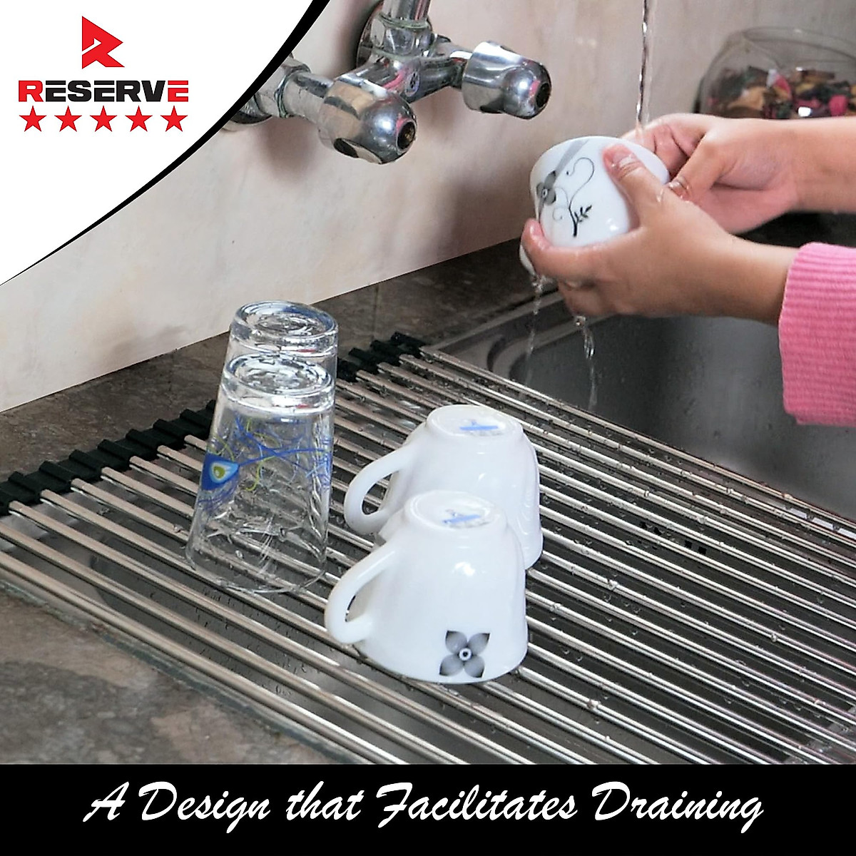 R RESERVE Upgraded, Roll up Dish Drying Over The Sink Rack Mat with Stainless Steel Wires, Rollable, Large, Black/Silver, (15.5" x 23")