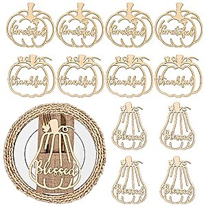 Fall Plate Decor 12 Pieces Pumpkin Wood Cutouts Thanksgiving Table Setting Wooden Word Cards with 12 PCS Burlap Cutlery Pouch Bags for Holiday Harvest Utensil Home Party Decor