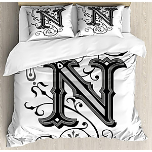 Ambesonne Letter N Duvet Cover Set, Middle Ages Inspired Capital N Abstract Elements Black Dark Colored Palette, Decorative 3 Piece Bedding Set with 2 Pillow Shams, California King, Black Grey White