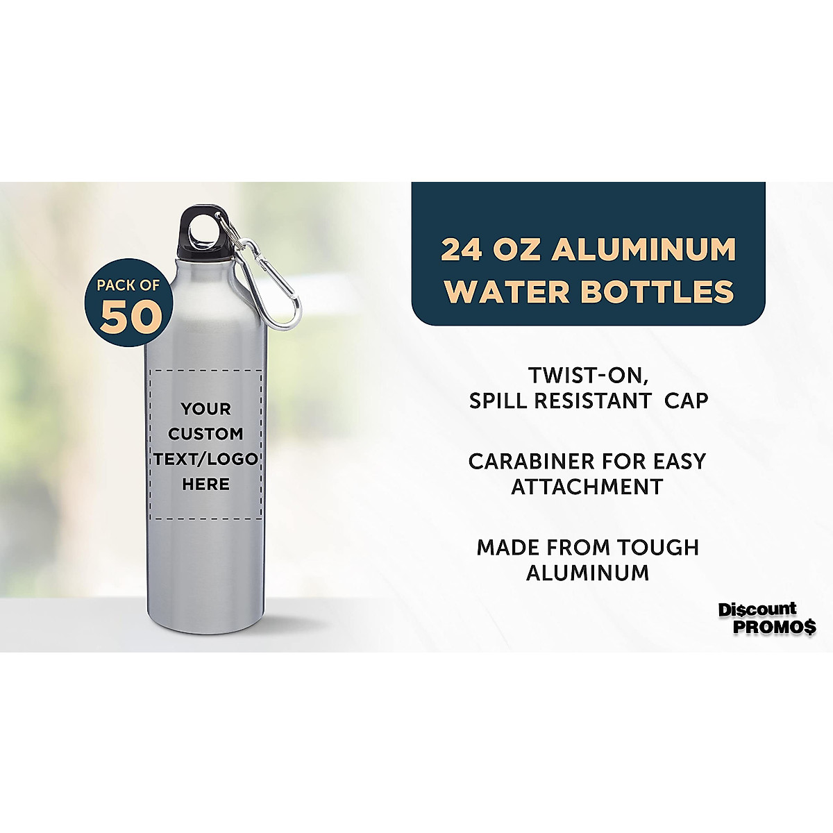 DISCOUNT PROMOS Custom Aluminum Water Bottles with Carabiner 24 oz. Set of 50, Personalized Bulk Pack - Perfect for Gym, Hiking, Camping, Running, Mountain Bike, Outdoor Sports - Silver