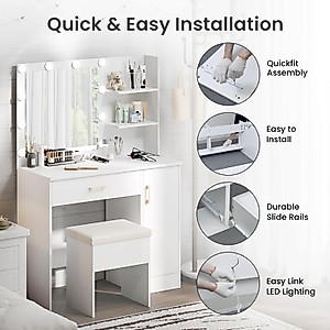 WAYES Makeup Vanity Set with Lighted Mirror, Charging Station, and Storage Stool - 3-Foot Vanity Desk for Bedroom, White