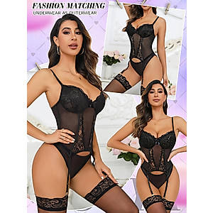 Women's Sexy Lingerie Set with Garter Belt Lace Bodysuit Teddy Baby Dolls Panty with Stockings