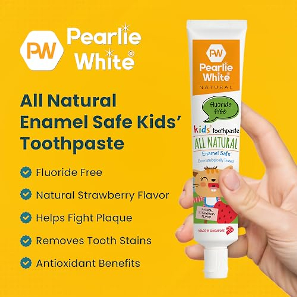 Pearlie White All Natural Fluoride Free Kids Toothpaste 1.58oz/45gm | Extra Gentle Enamel Safe Toothpaste | Helps Fight Against Plaque Formation | Under 30 RDA | Natural Strawberry Flavor