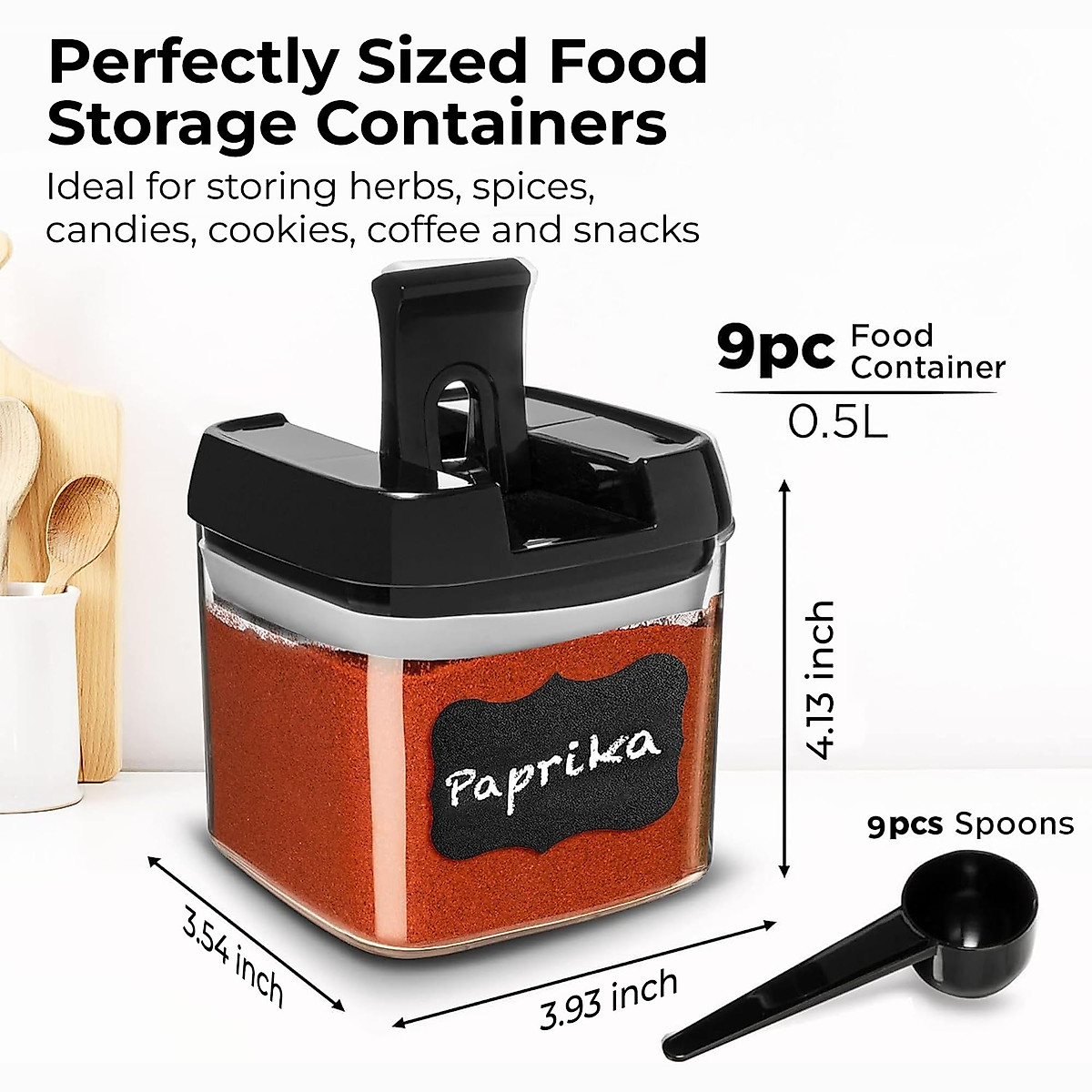 Shazo 9 PC Airtight Food Storage Containers + 9 Spoons - BPA Free Clear Plastic Snack & Spice Containers with Easy Lock Lids - Kitchen and Pantry Organization for Herbs, Coffee, Tea - 0.5L / 2.1 Cups