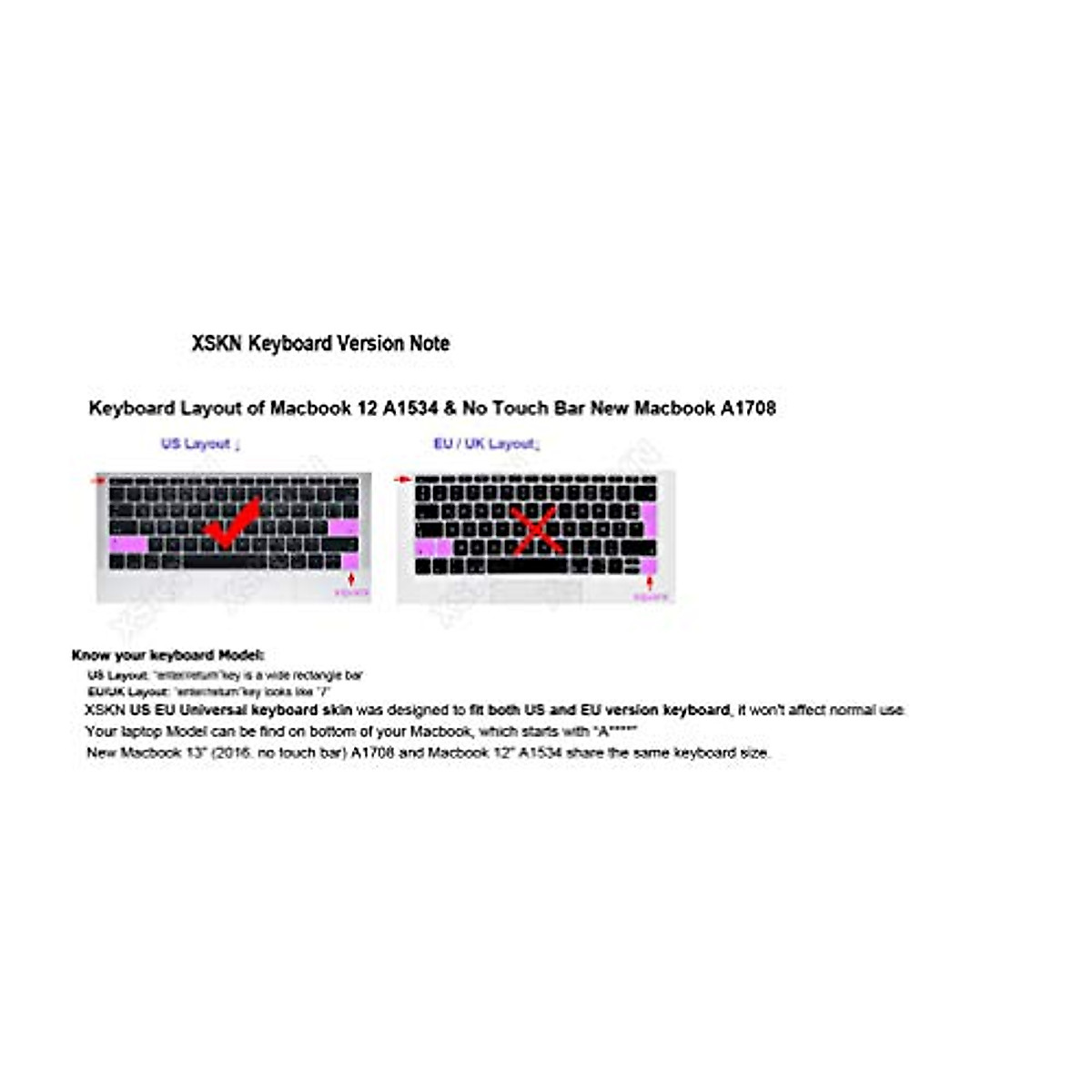 XSKN Shortcut MAC OS X Keyboard Skin Cover for Apple New MacBook Pro 13 (Model A1708, No Touch Bar) & Apple MacBook 12 (Model A1534) (US Layout)
