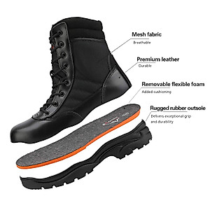 NORTIV 8 Mens Military Tactical Work Boots Side Zipper Leather Outdoor 8 Inches Motorcycle Combat Boots Size 12 Wide US Trooper-W, Black-8 Inches