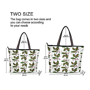 JSTEL Christmas Tote Bag with Zipper,Christmas Berry Holly Tote Purse Women Holiday Handbag Xmas Gift