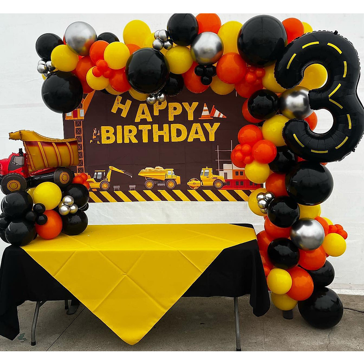 Construction Balloons 40 Inch Construction Number Balloon 3 Black Construction Truck Themed Bulldozer Dump Truck Foil Mylar Balloon Three Years Old Baby 3rd Birthday Party Decor Supplies