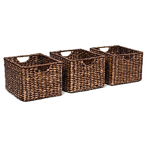 BIRDROCK HOME Storage Shelf Organizer Baskets with Handles - Set of 3 - Seagrass Wicker Basket - Pantry Living Room Office-Bathroom Shelves Organization - Under Shelf Basket - Handwoven (Natural)