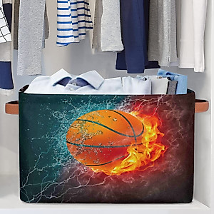 Firey Basketball Storage Basket Cube Sport Ball Large Toys Storage Box Bin with Handle Collapsible Closet Shelf Cloth Organizer for Nursery Bedroom,15x11x9.5 in,1 Pack